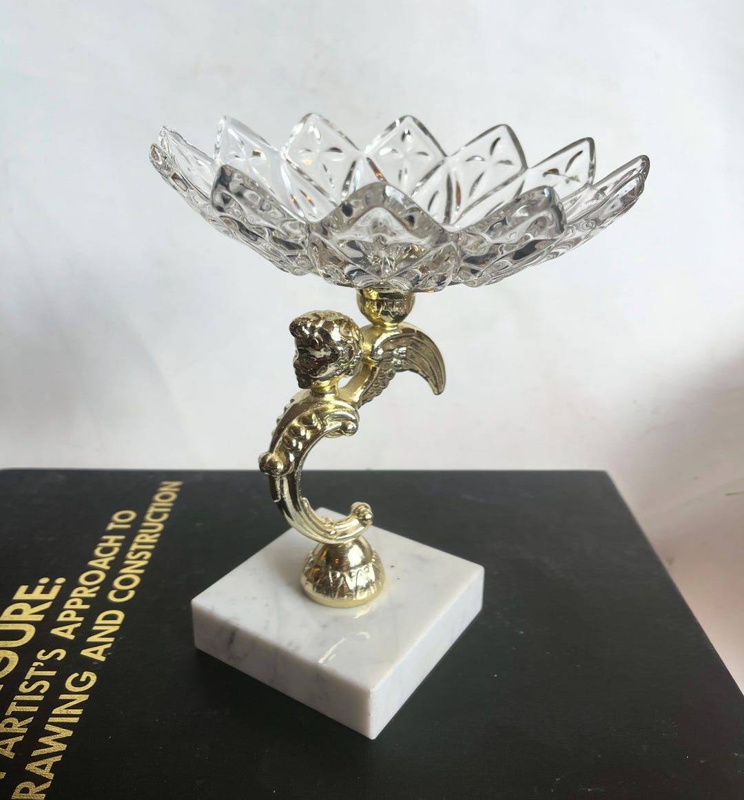 Vintage Cut Glass Pedestal Compote With Brass Winged Cherub and Italian ...