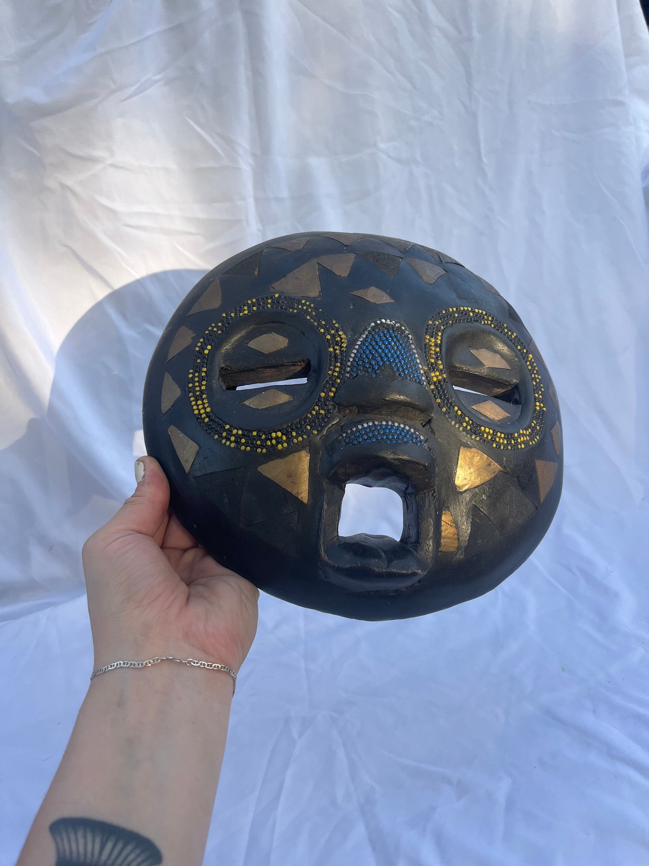 Vintage Carved Wooden West African Ashanti Ghana Beaded Gold Inlay Mask ...