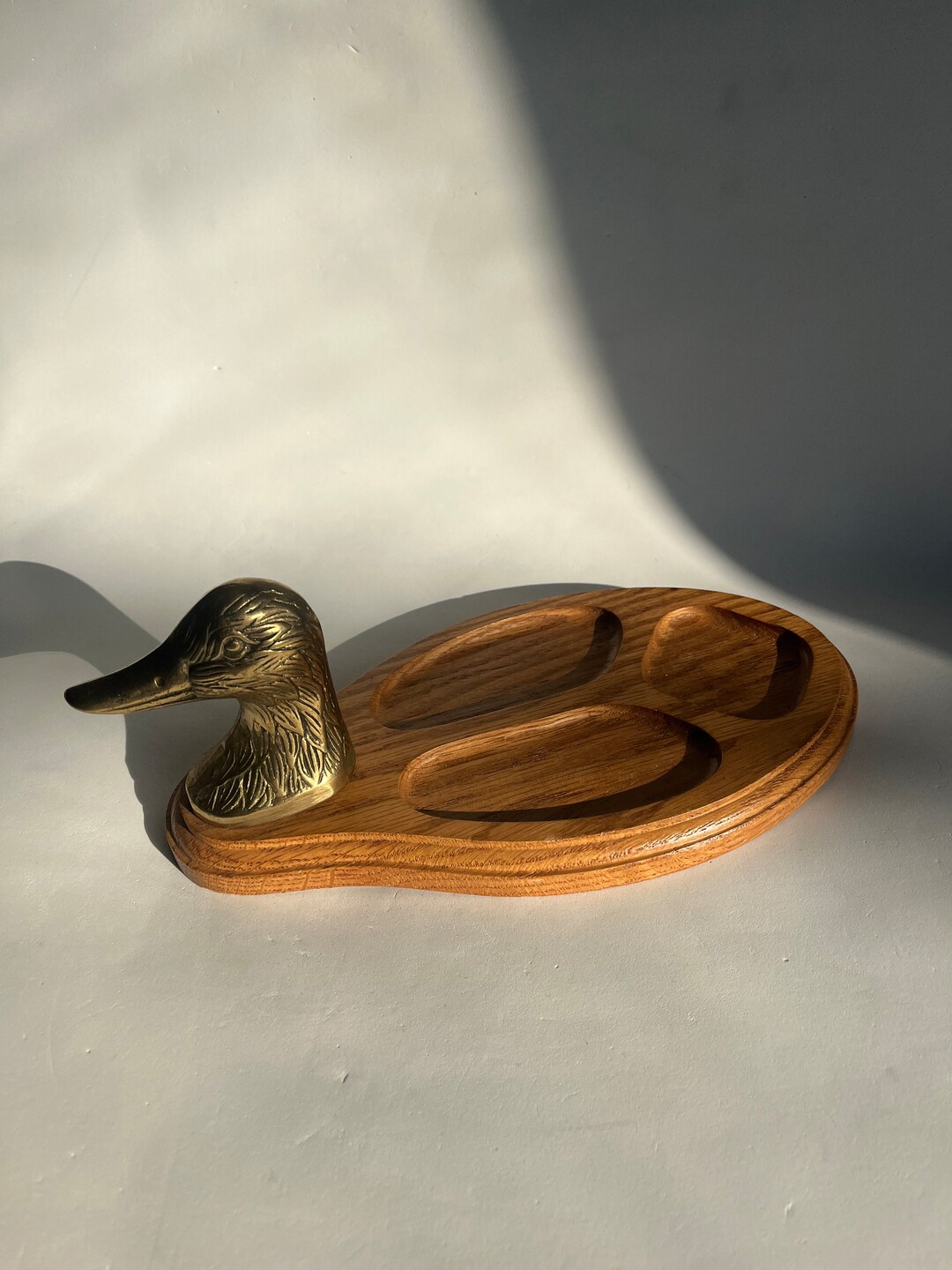 Mid-century Brass Duck & Oak Dresser Caddy Catchall Vintage Wood Valet ...