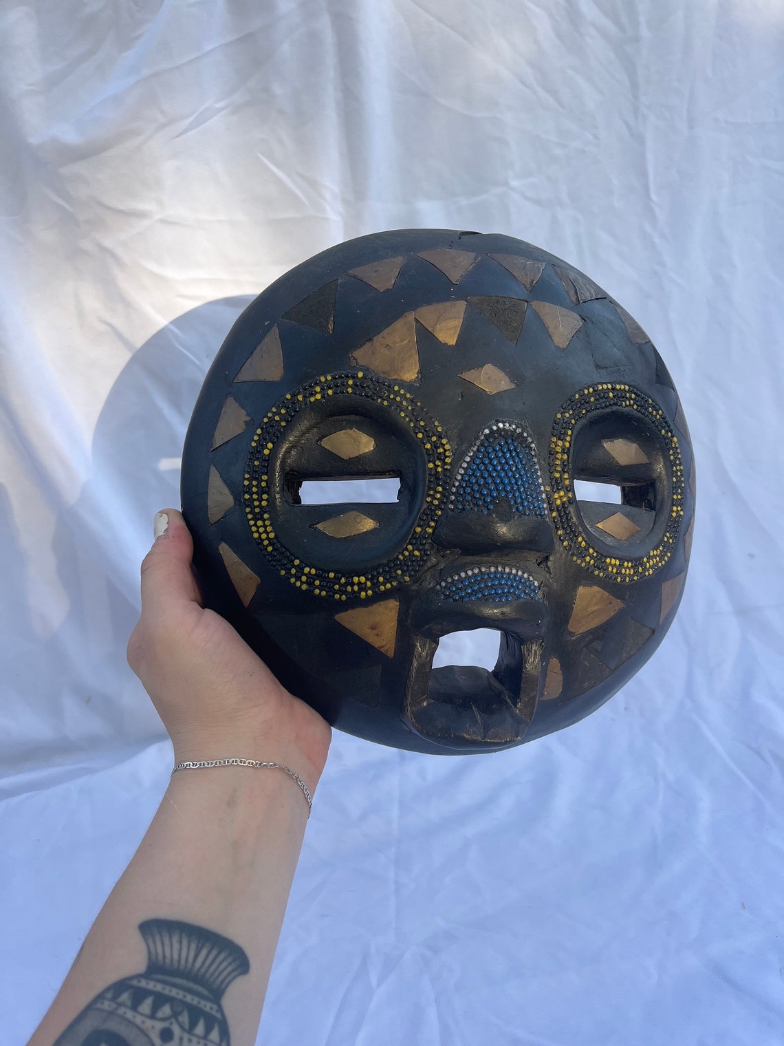 Vintage Carved Wooden West African Ashanti Ghana Beaded Gold Inlay Mask ...