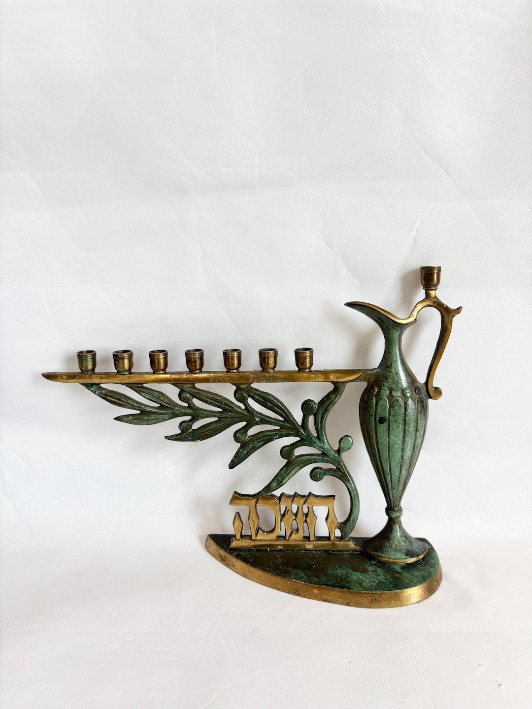 Vintage Rare Brass and Green Menorah With Oil Jug Vessel / Hanukkah ...