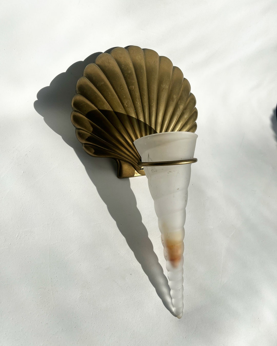 Vintage Rare Brass Clam Shell Hanging Candle Wall Sconces Pair Scallop ...