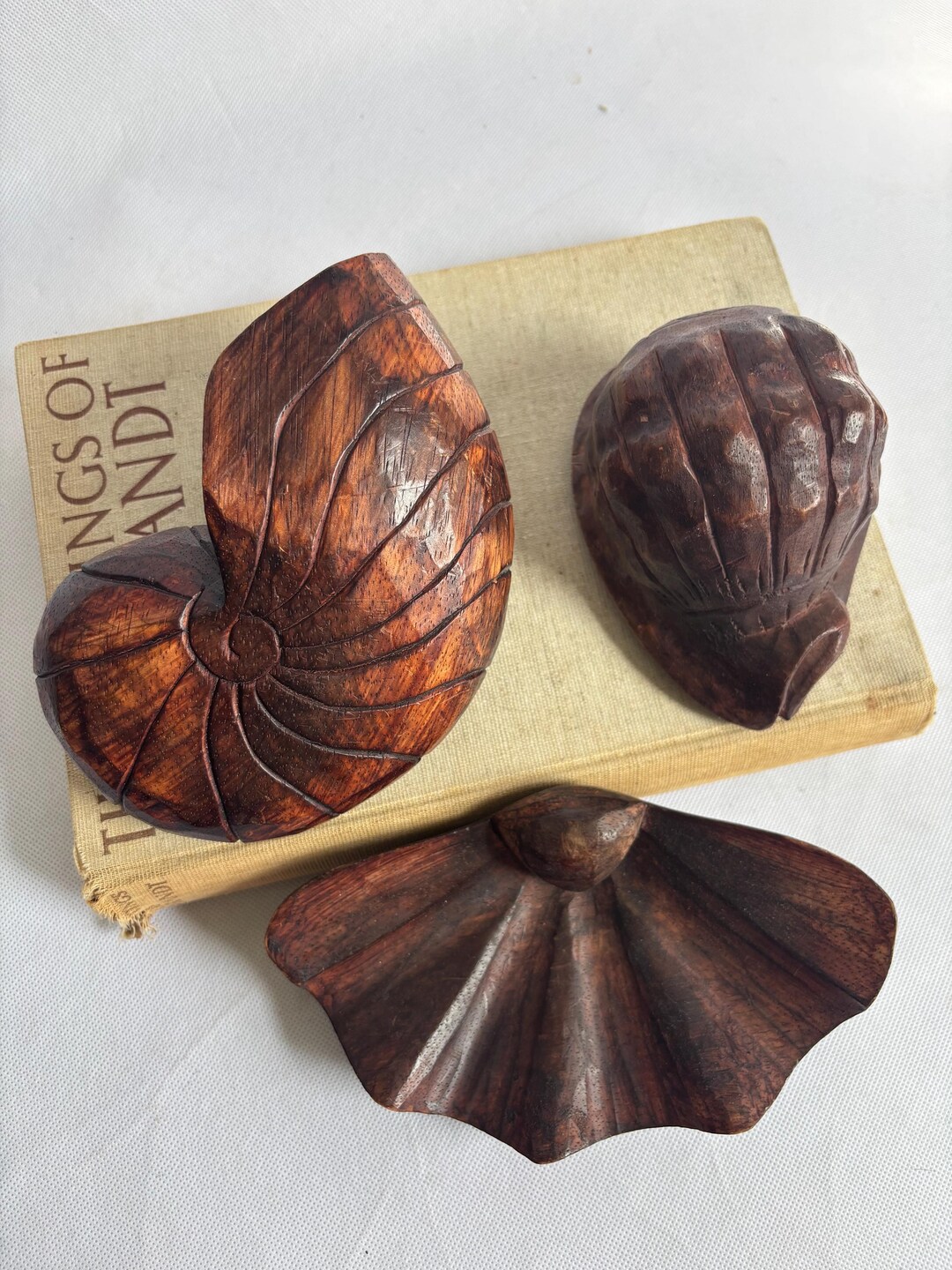 Vintage Collection of Solid Wood Hand Carved Shell Sculptures - One of ...
