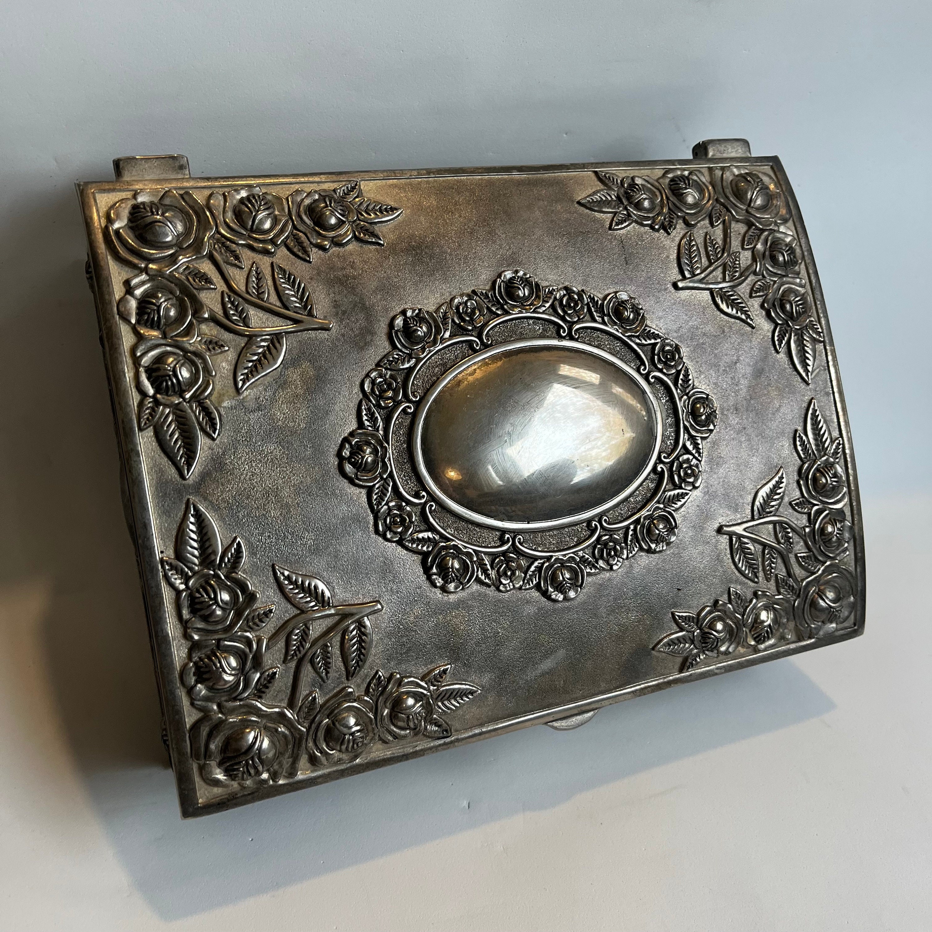 Vintage Godinger Jewelry Box Art Nouveau Floral Silver Plated With Red ...
