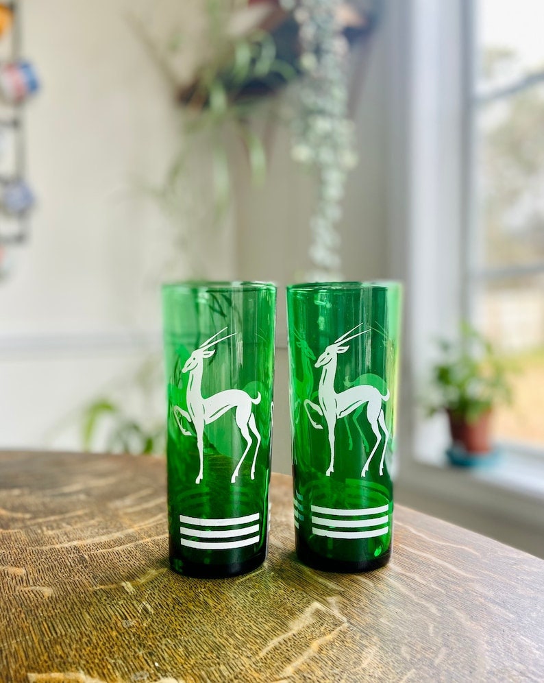 Vintage Mid Century Modern Antelope Gazelle Green Tom Collins Glasses ...