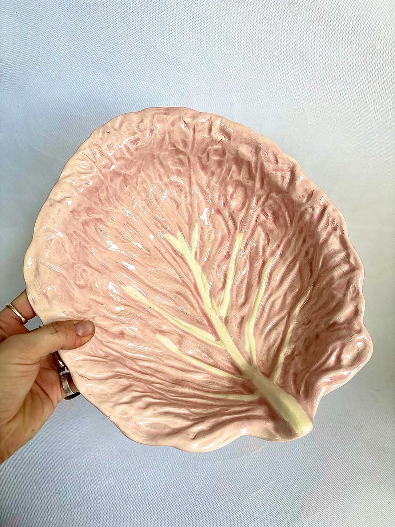 Vintage 12” Ceramic Pink Cabbage Leaf Bowl Majolica Style Large Serving ...