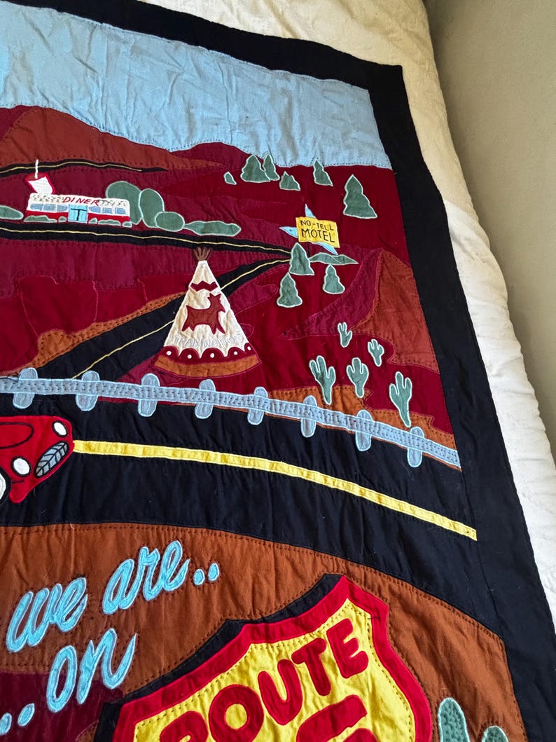 Vintage Large ROUTE 66 Appliqued Quilt Wall Hanging Blanket Throw USA ...