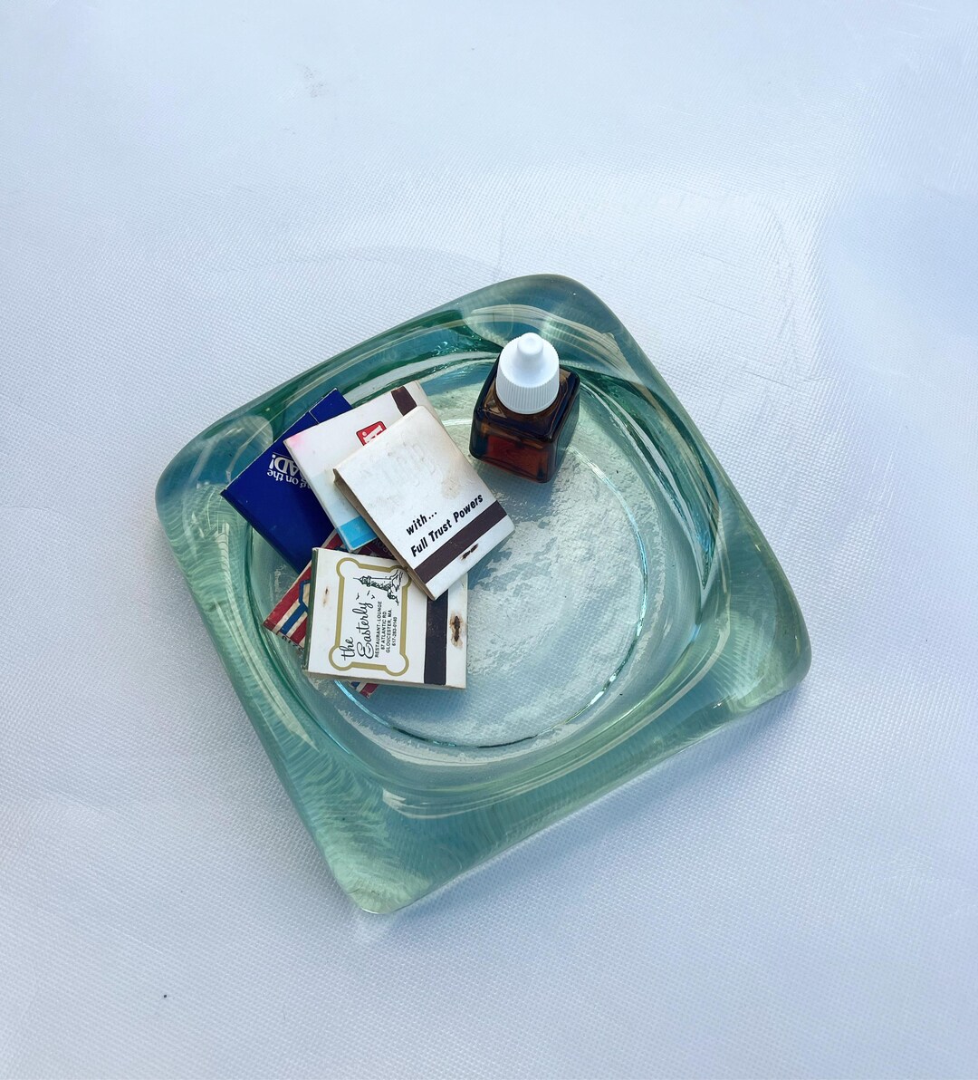 Heavy Thick Glass Ashtray Minimalist Sleek Square Dish Aqua Green Blue ...