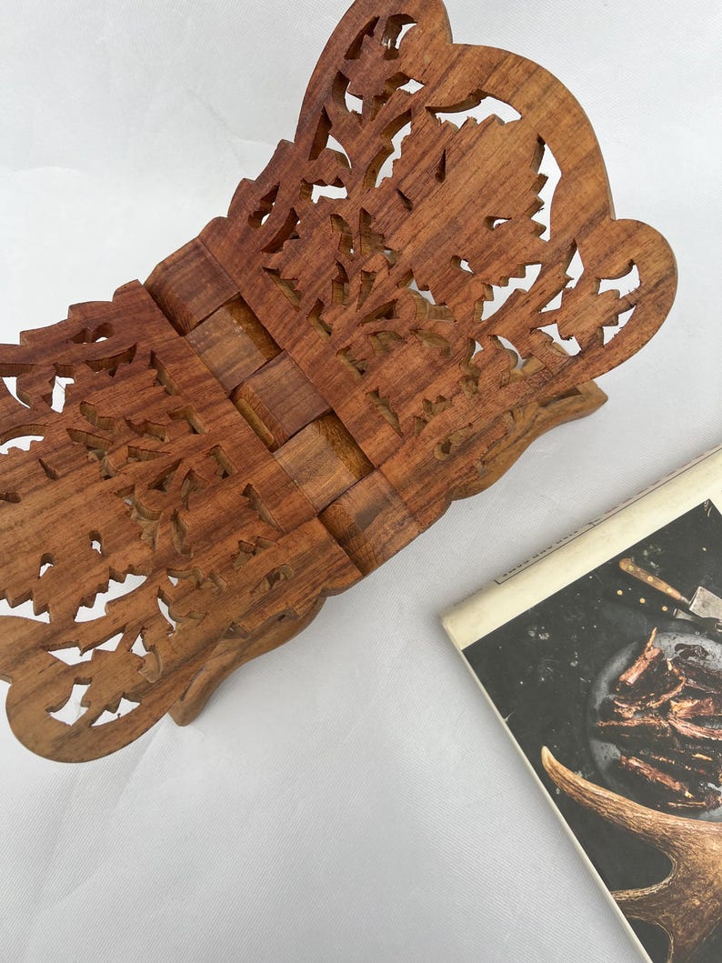Vintage Ornate Hand-carved Wood Collapsible Book Rack / Recipe Book ...