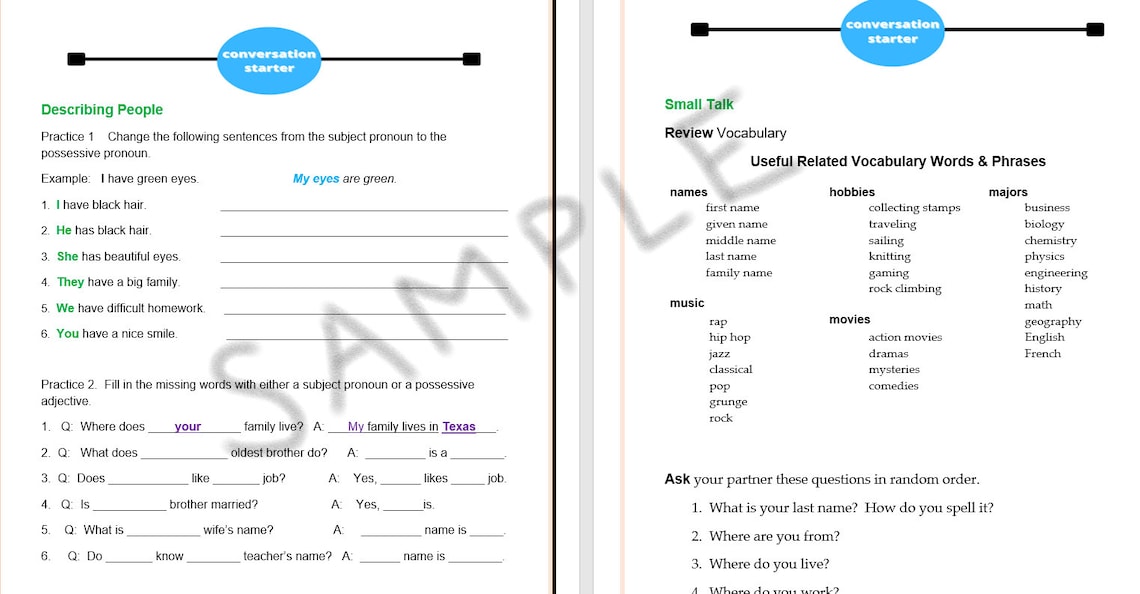 Printable ESL English Lessons, Bundle, Conversation Starters, Adult ESL ...