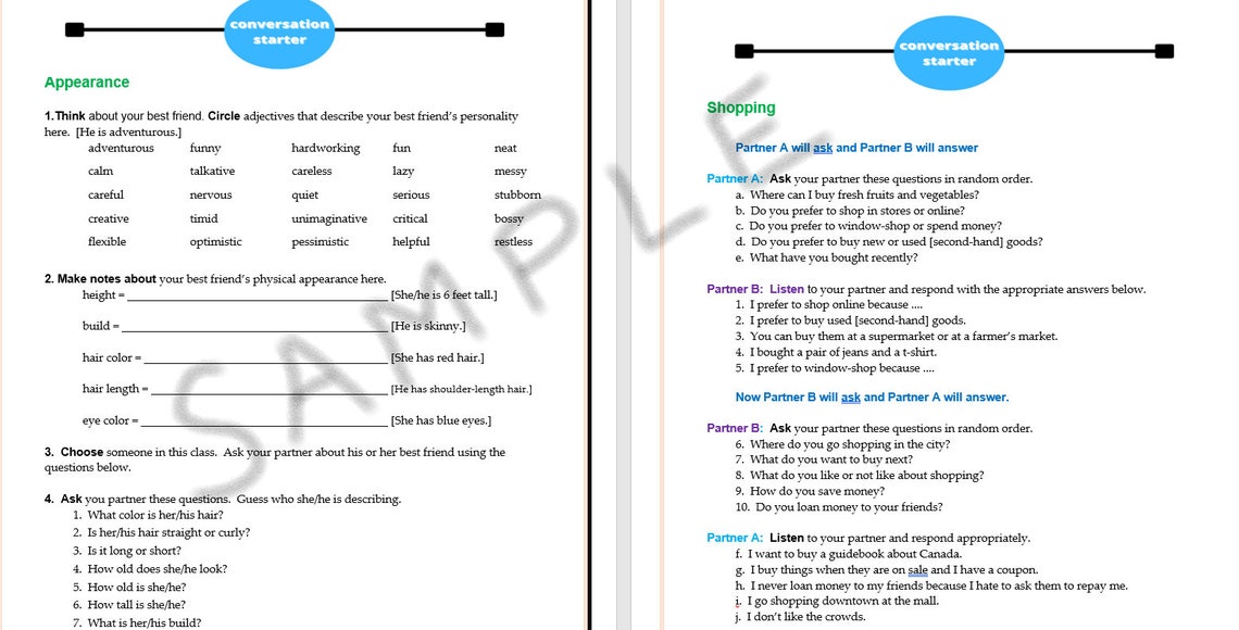 Printable ESL English Lessons, Bundle, Conversation Starters, Adult ESL ...