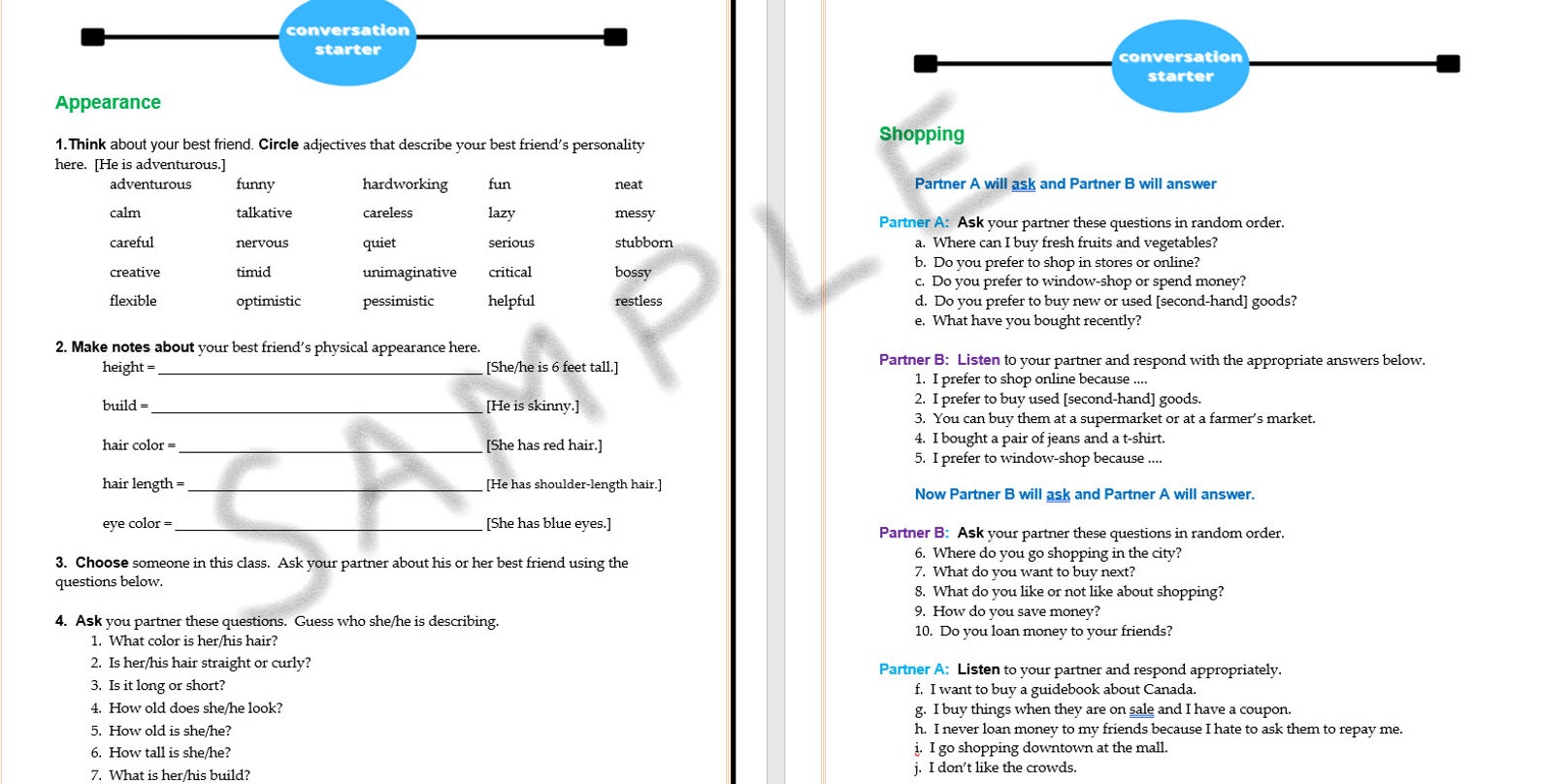 Printable ESL English Lessons, Bundle, Conversation Starters, Adult ESL ...