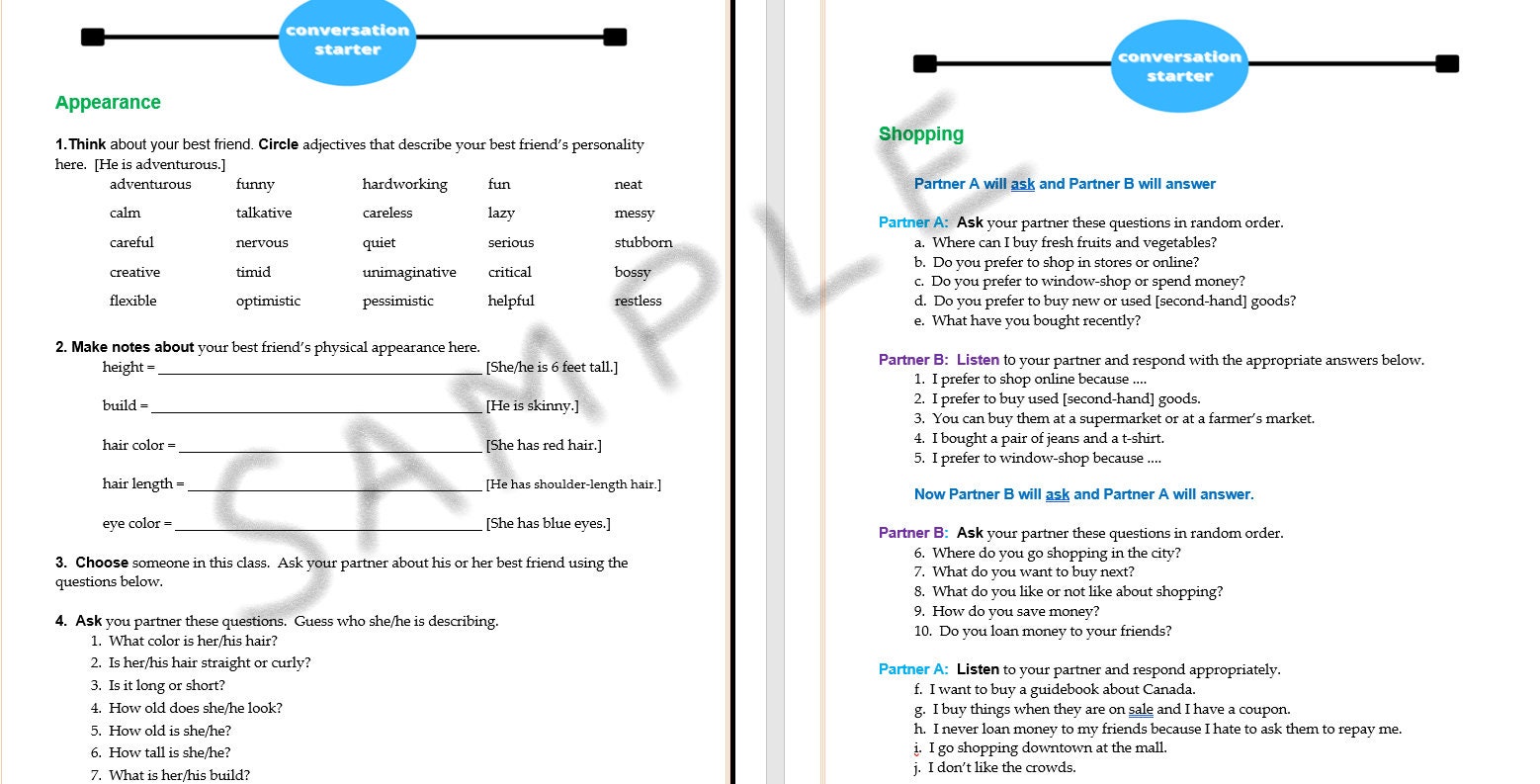 Printable ESL English Lessons, Bundle, Conversation Starters, Adult ESL ...