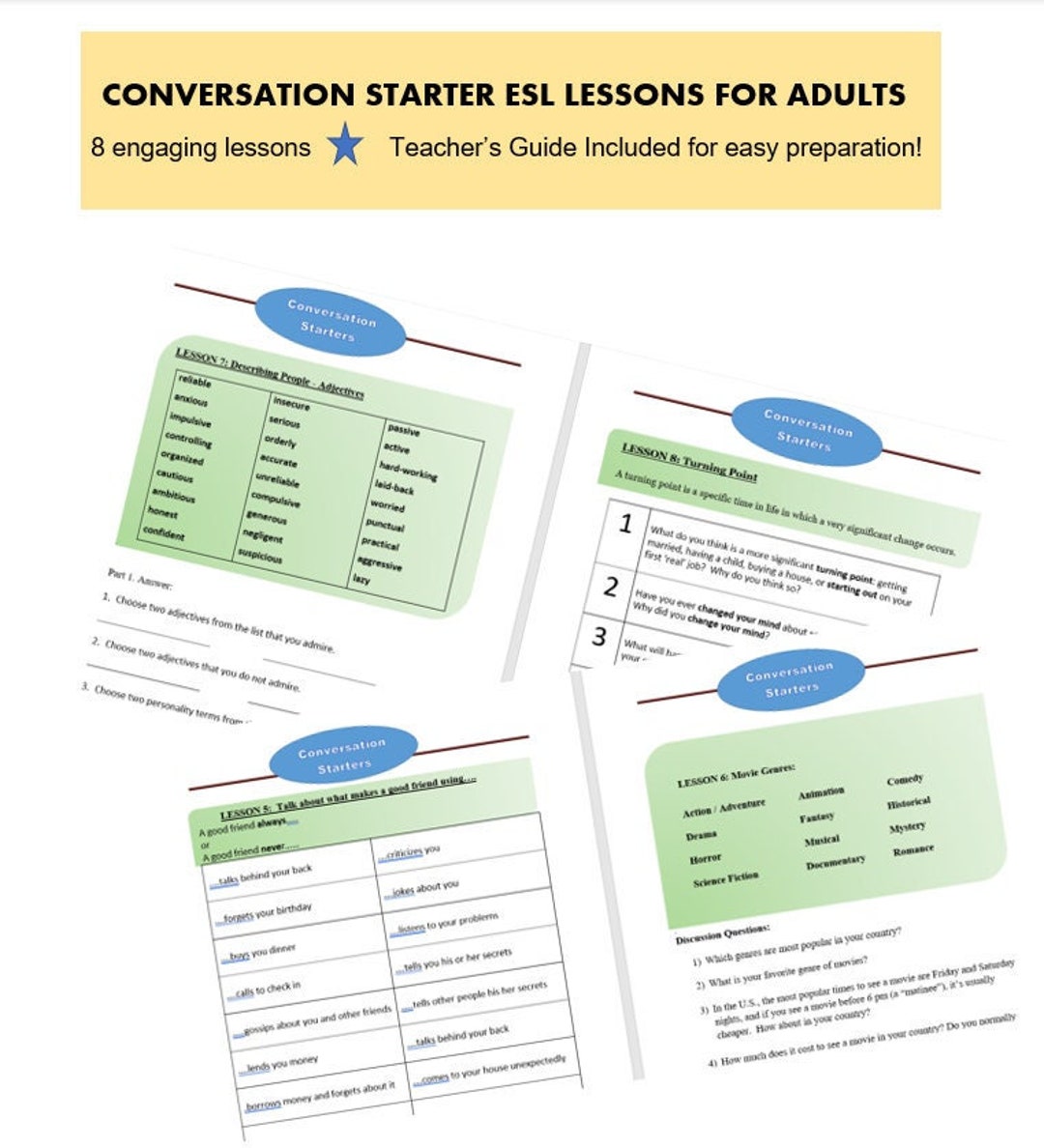 Printable ESL Lessons, Bundle, Conversation Starters, Vocabulary ...
