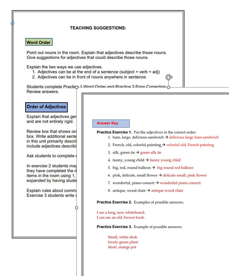 ESL English Printable Using Adjectives and Describing Writing Grammar ...