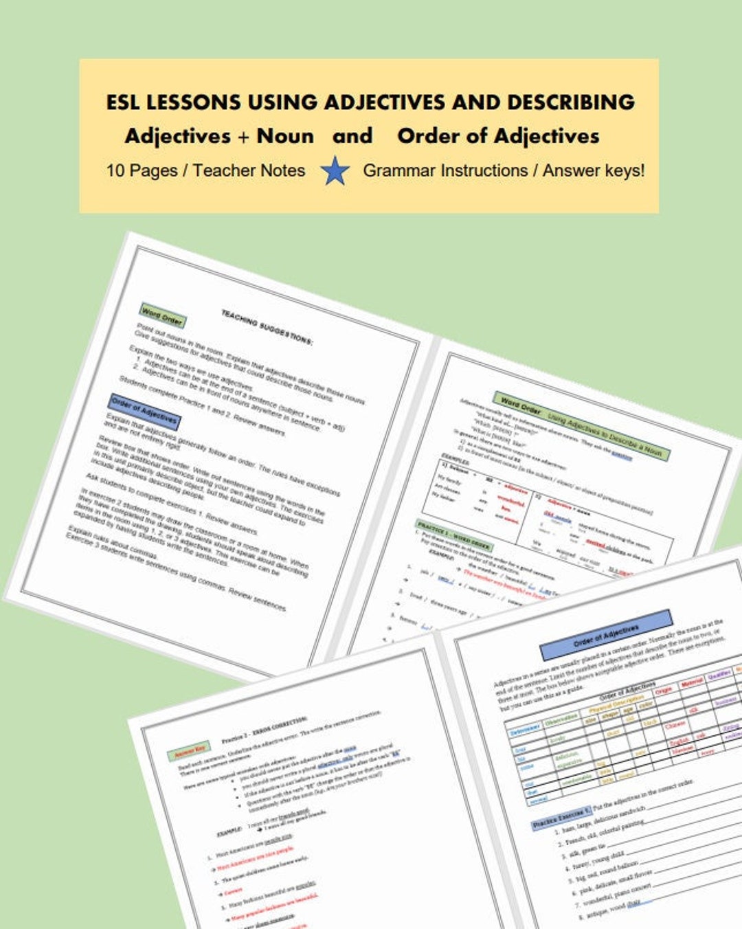 ESL English Printable Using Adjectives and Describing Writing Grammar ...