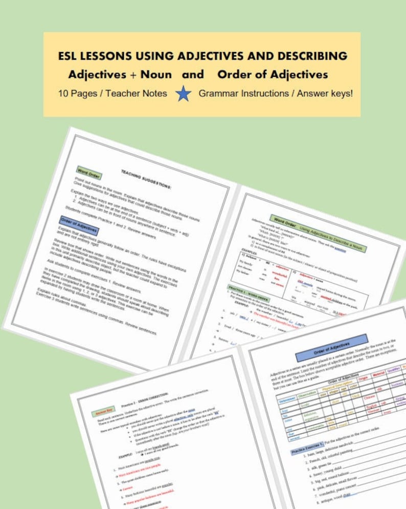 ESL English Printable Using Adjectives and Describing Writing Grammar ...