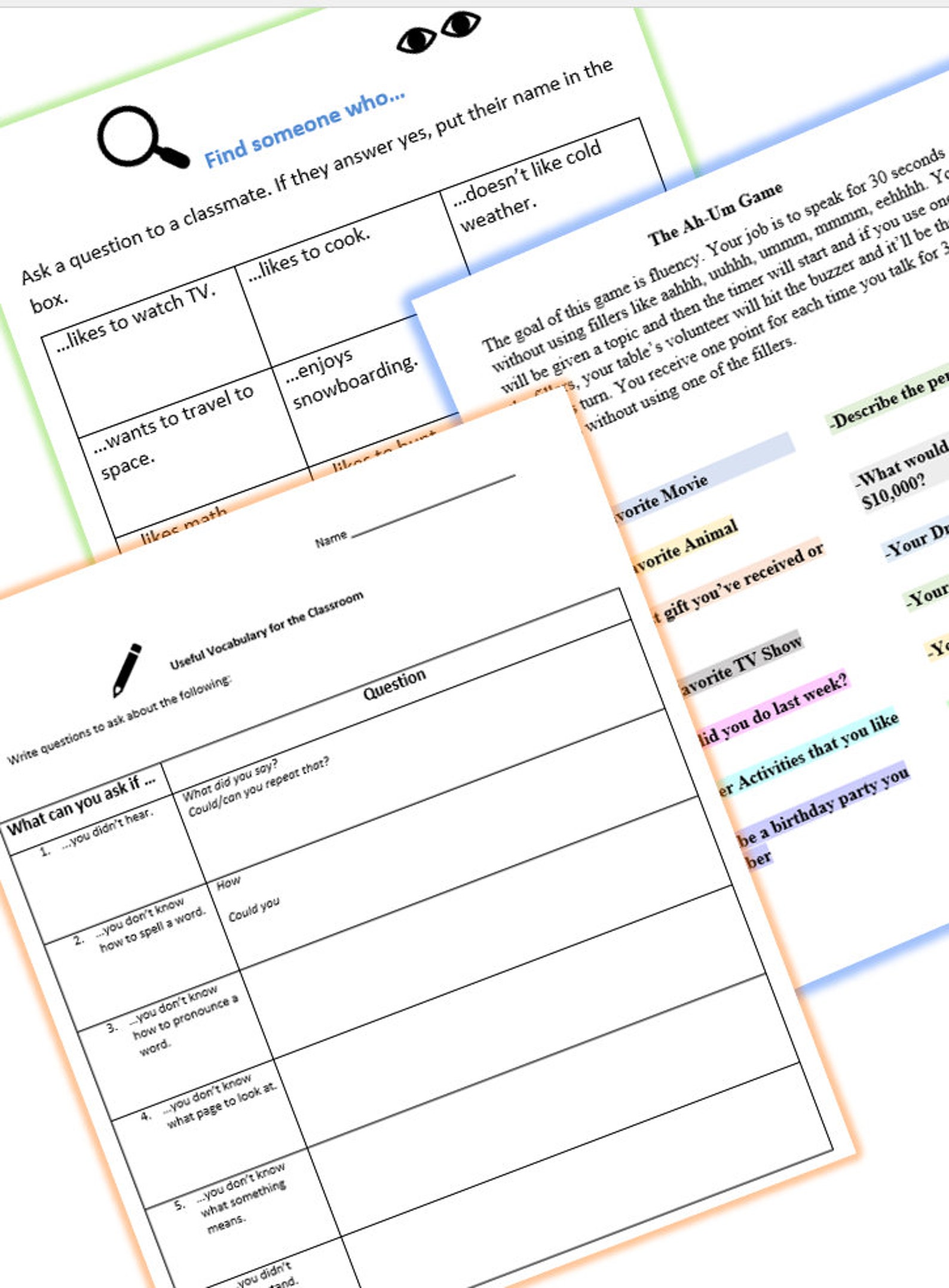 Printable ESL Conversation Lessons - First Day & Week - Speaking ...