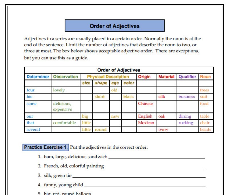 ESL English Printable Using Adjectives and Describing Writing Grammar ...