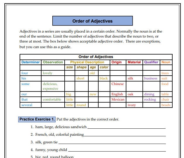 ESL English Printable Using Adjectives and Describing Writing Grammar ...