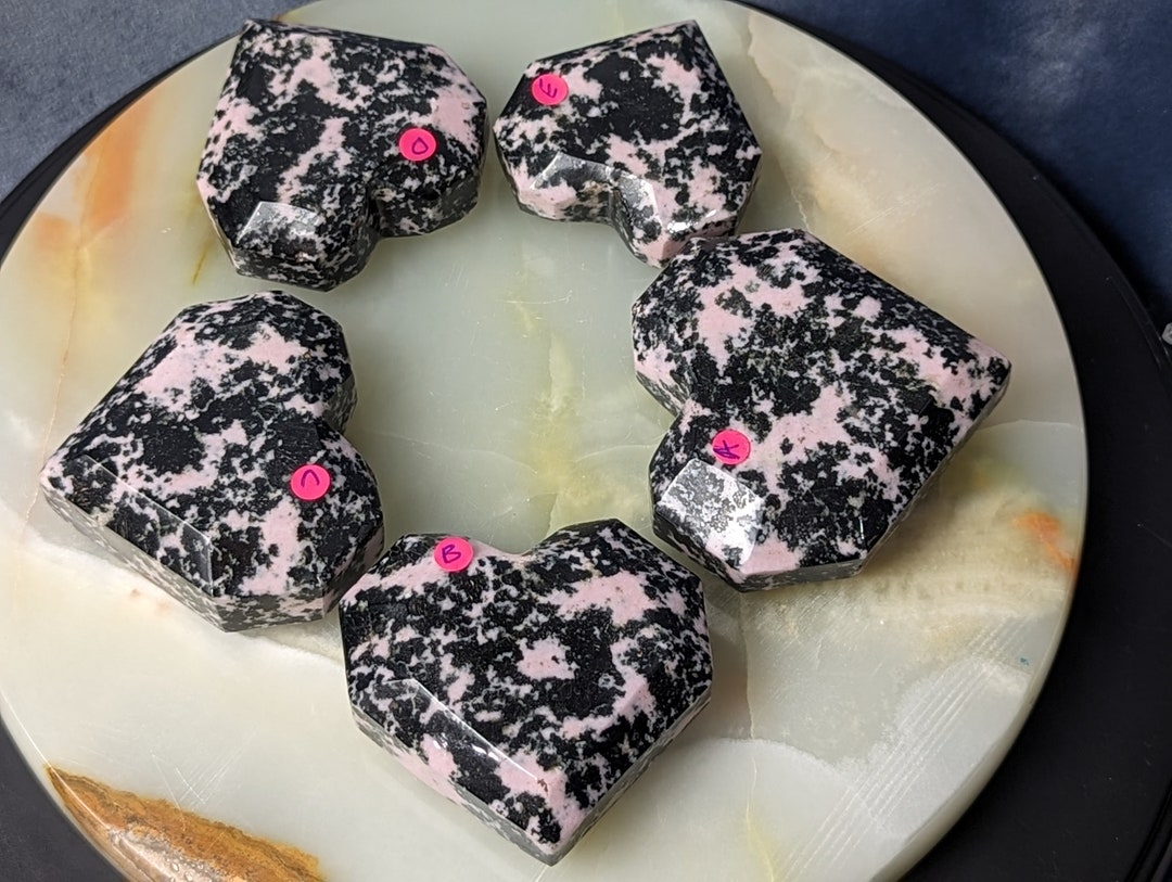 Pink Snowflake Obsidian Faceted Hearts Hand Carved Rare Pink and Black ...