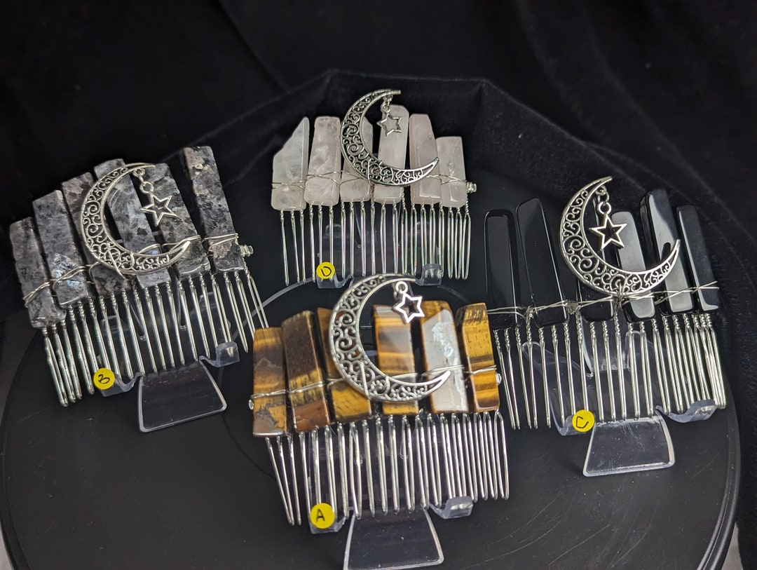 Crystal Moon Hair Combs ~ Larvikite Crown Comb ~ Tiger Eye Comb ...
