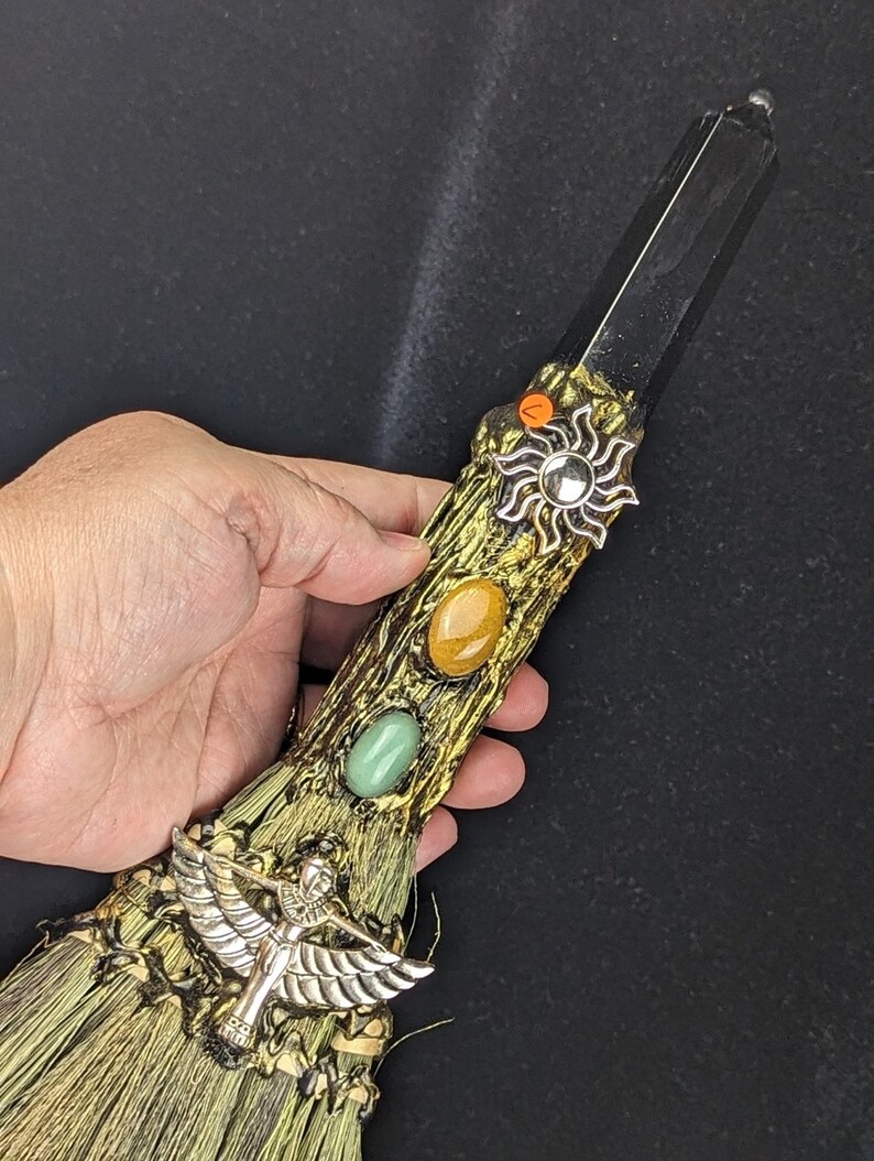 Crystal Point Altar Broom With Charms and Tumbles Protection - Etsy