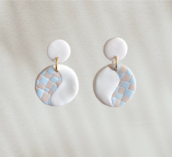 Yin Yang White Blue and Nude Checkers Polymer Clay Stud - Etsy
