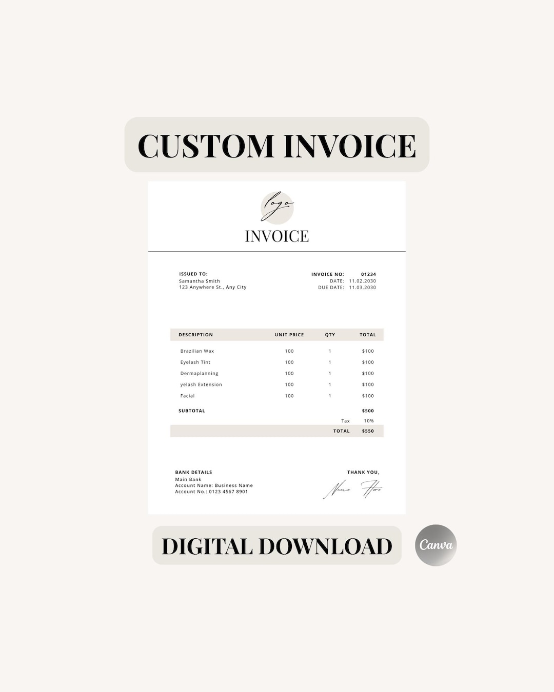 Esthetician Invoice Form, Customizable Esthetician Invoice Template ...