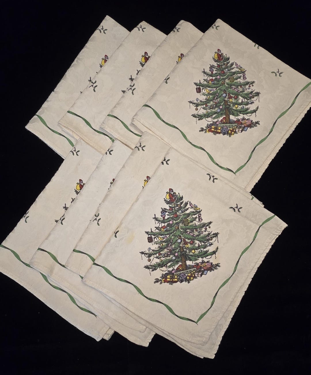 Set of 8 Vintage Cotton Spode Christmas Tree and Toys Dinner Napkins ...
