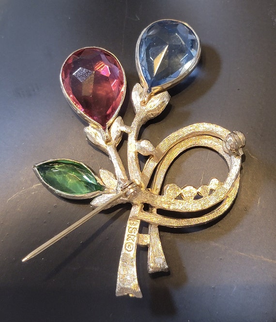 Beautiful Vintage BSK Signed Brooch Pin Pink Blue Gre… - Gem