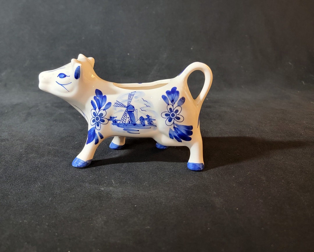 Blue Delft Like Hand Painted Cow Bull Creamer Windmill Flowers Unmarked ...