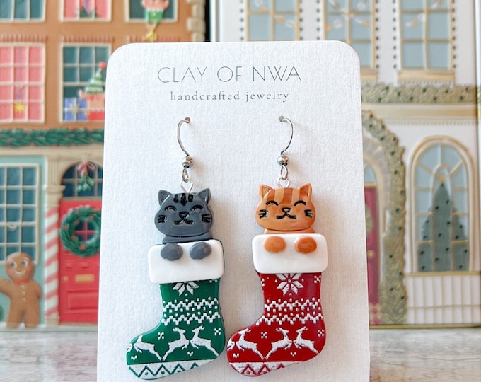Cat in Christmas Stocking | Christmas Earrings | Christmas Cat ...