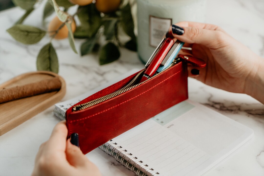 Custom Wine Red Leather Zipper Pen Case, Personalized Black Pen ...
