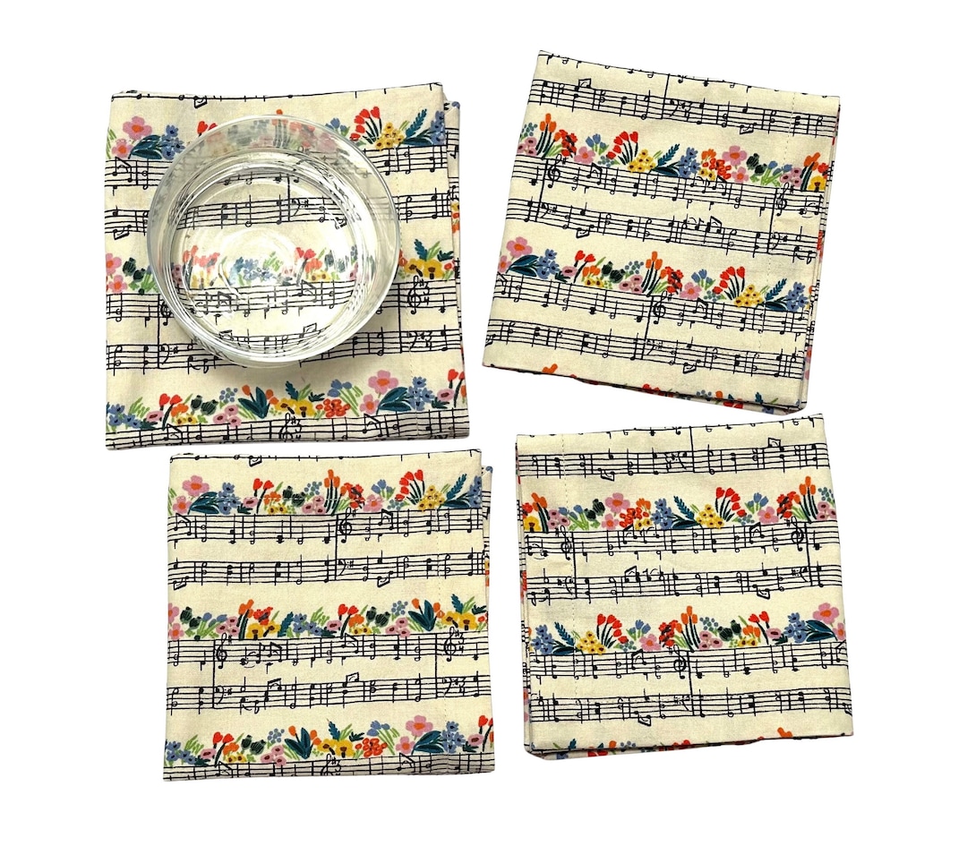 10" Rifle Paper Co Cloth Cocktail Napkins Music Notes Floral Bass ...