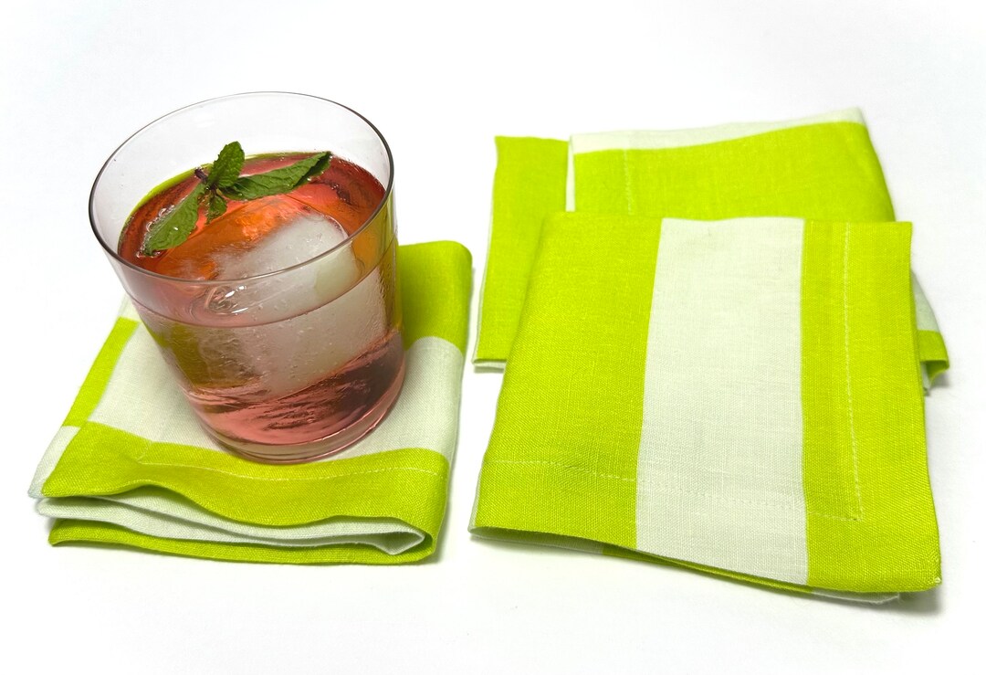 10 Vibrant Citrus White Linen Neon Striped Cloth Cocktail Napkins Eco ...