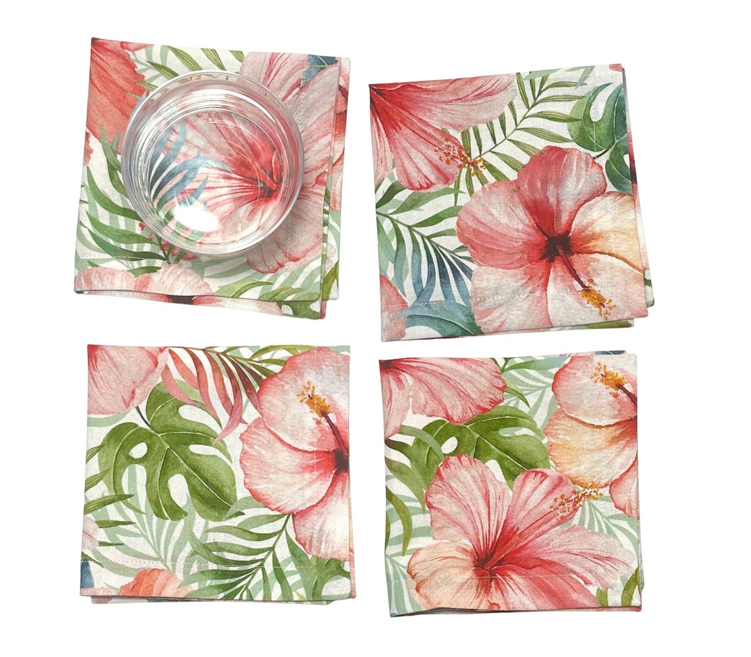 10” Cloth Hibiscus Cocktail Napkins Hawaiian Tropical Pink Coral Table ...