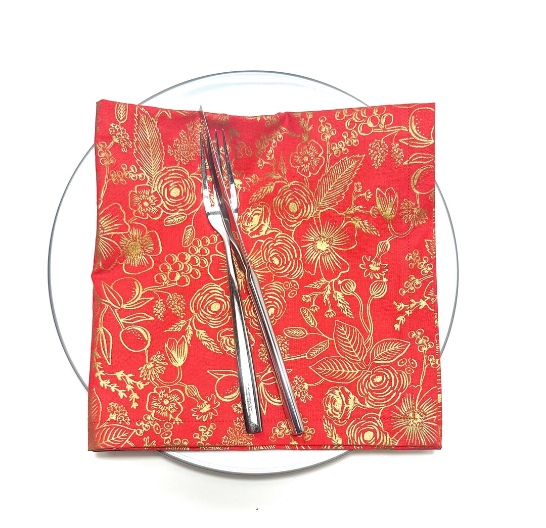 15 18 Rifle Paper Co Cloth Red & Metallic Gold Floral Cotton Dinner ...