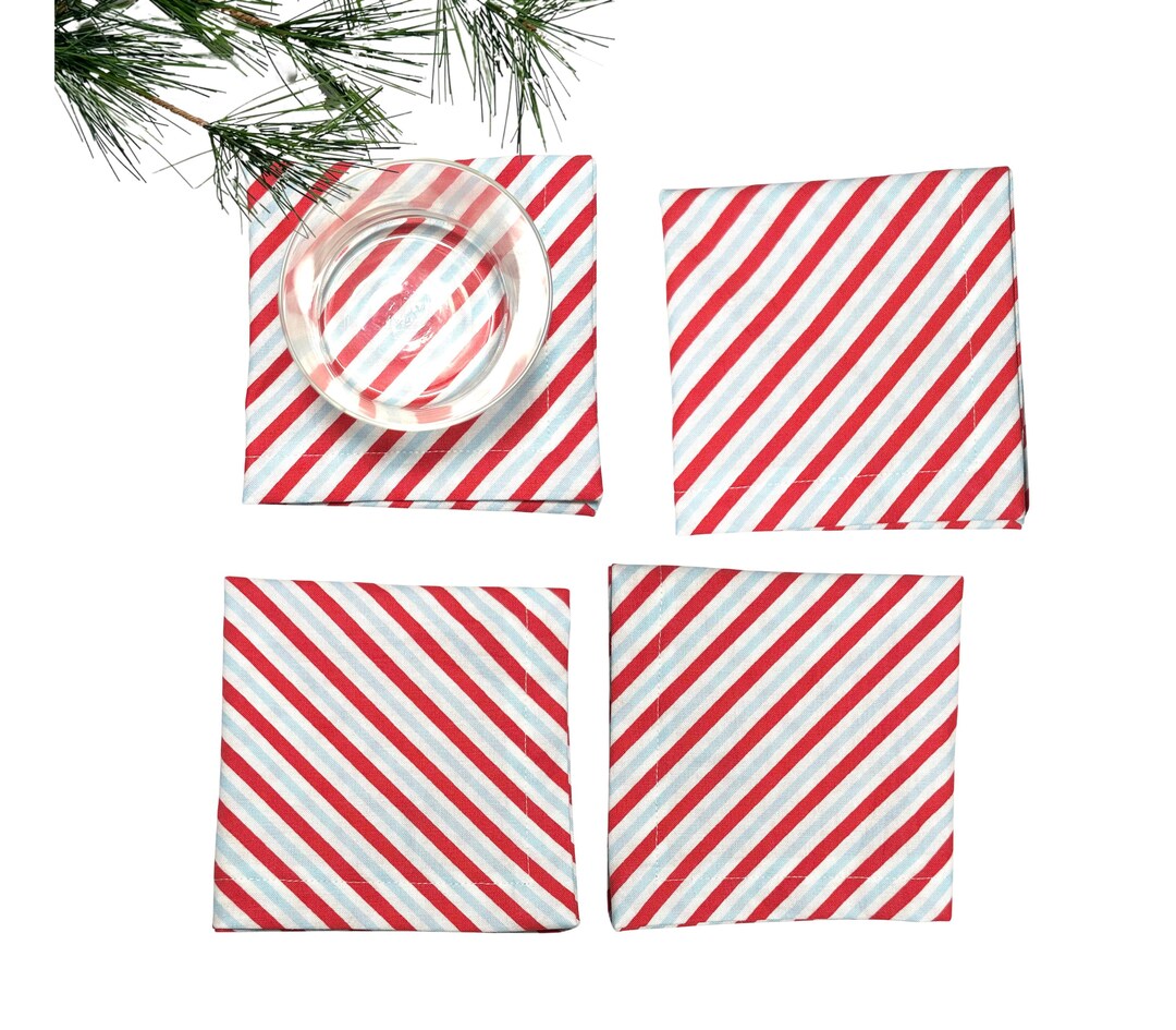 10" Cloth Red & Light Blue Stripes Christmas Cocktail Napkins Cotton ...