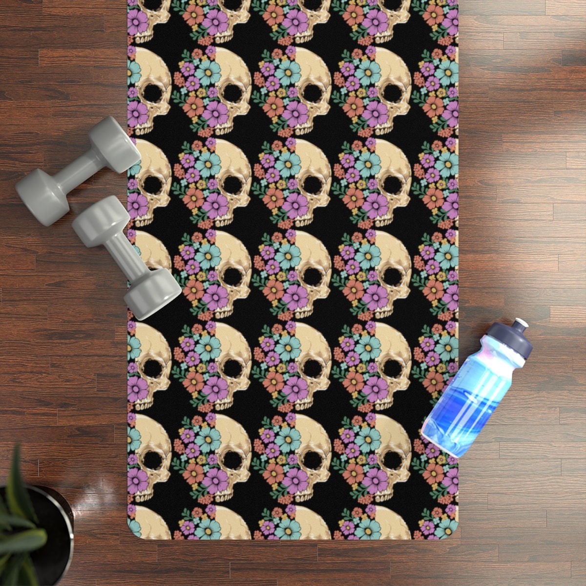 Flower Skull Rubber Yoga Mat, Skull Head, Dark Yoga Mat, Skull Pattern ...