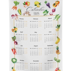 2025 Calendar Watercolor Fruit and Vegetables Tea Towel, Kitchen Towel ...
