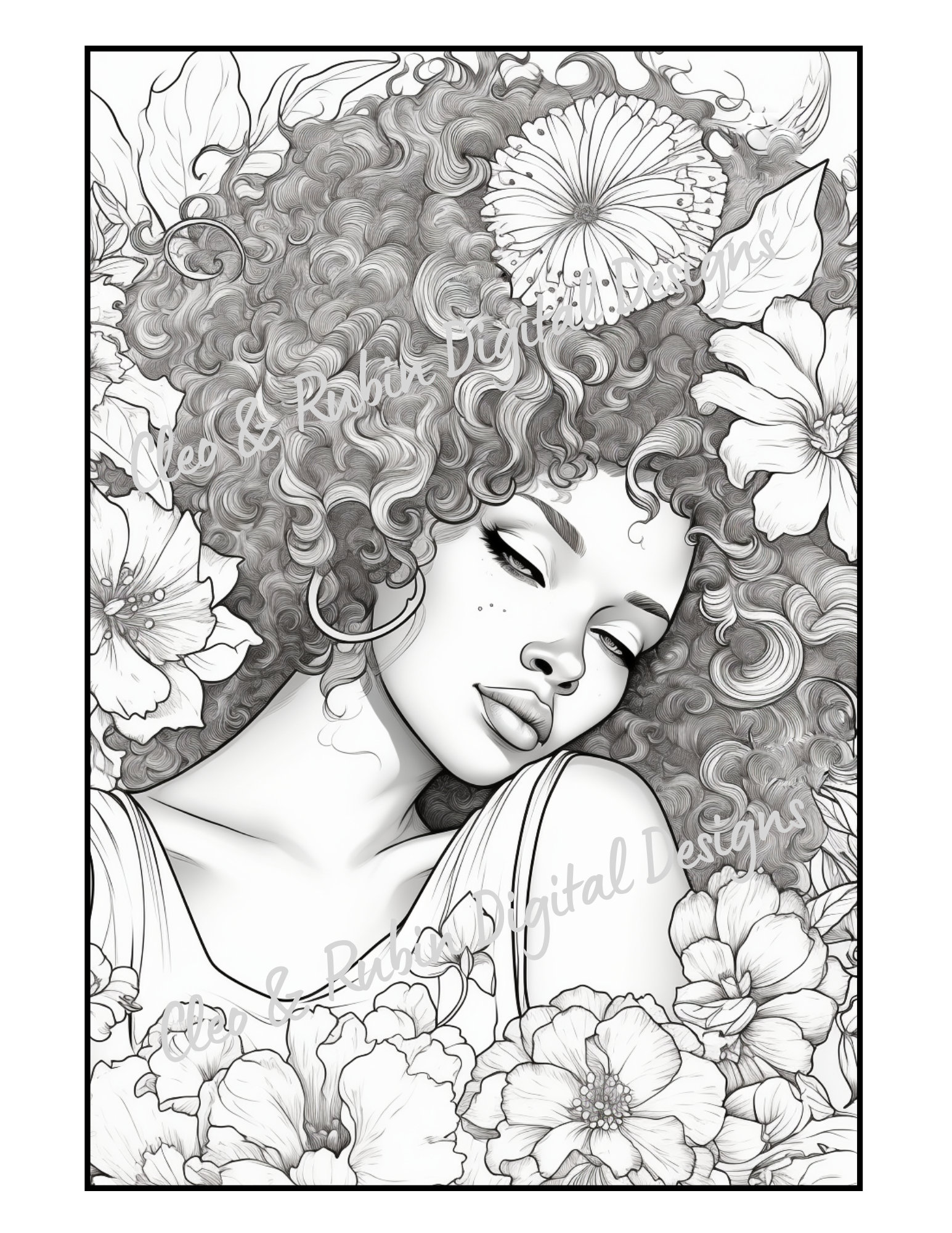 Black Woman Floral Adult Coloring Page, Beautiful Black Woman Fantasy ...