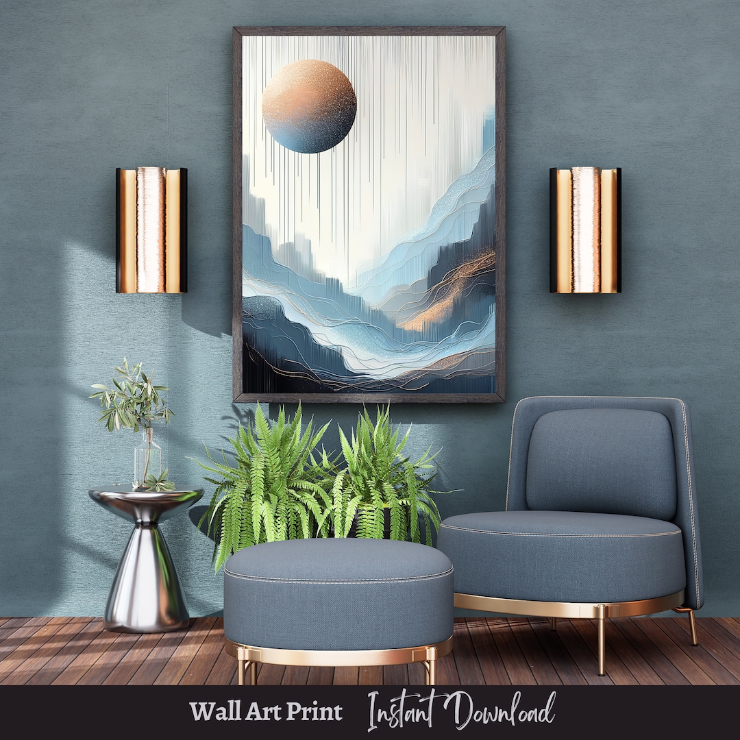 Blue Gold Shimmer Wall Art Print, Wall Art, Abstract Vertical Lines Art ...