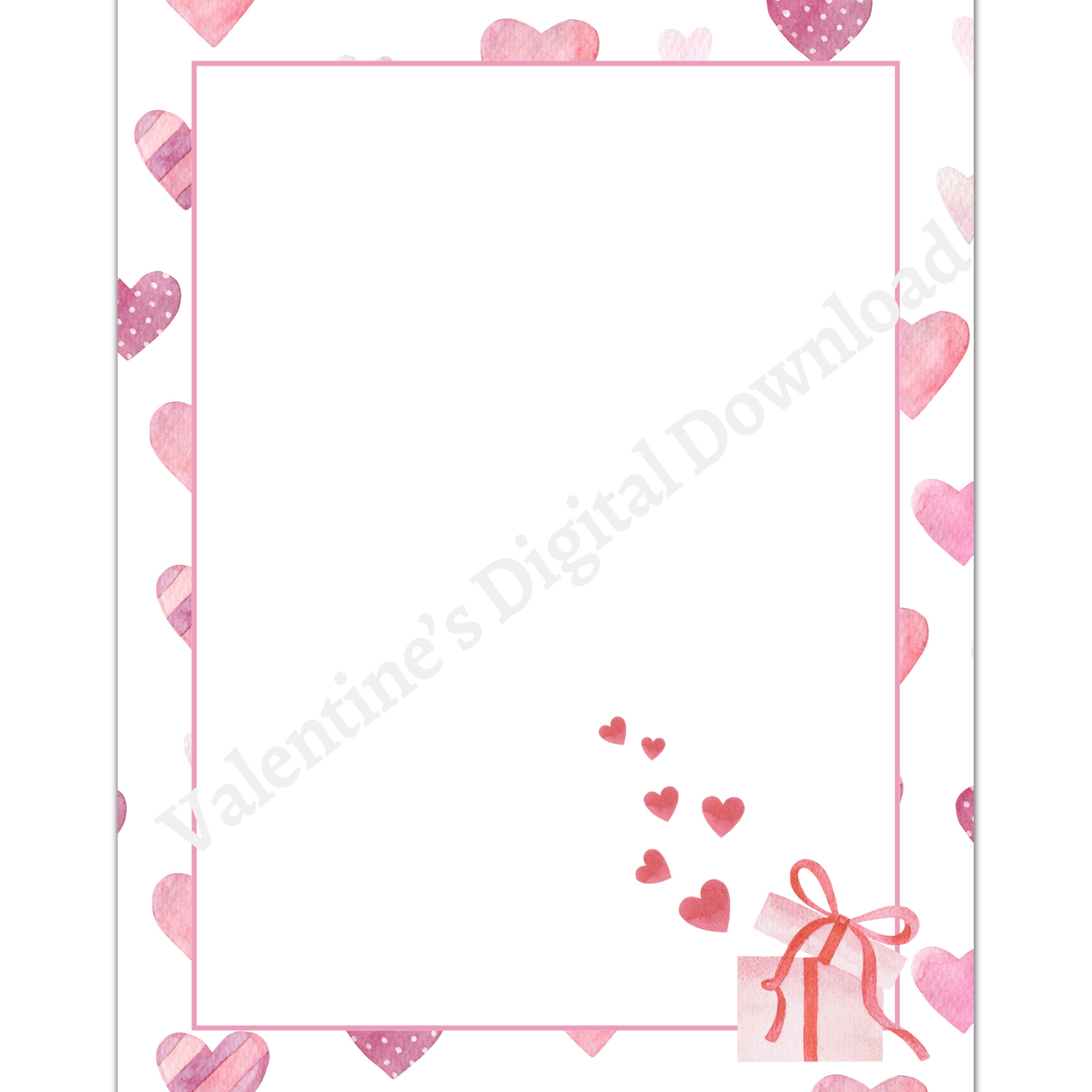 Watercolor Love Hearts Day Border Paper, Pink Hearts Gift Box, All ...