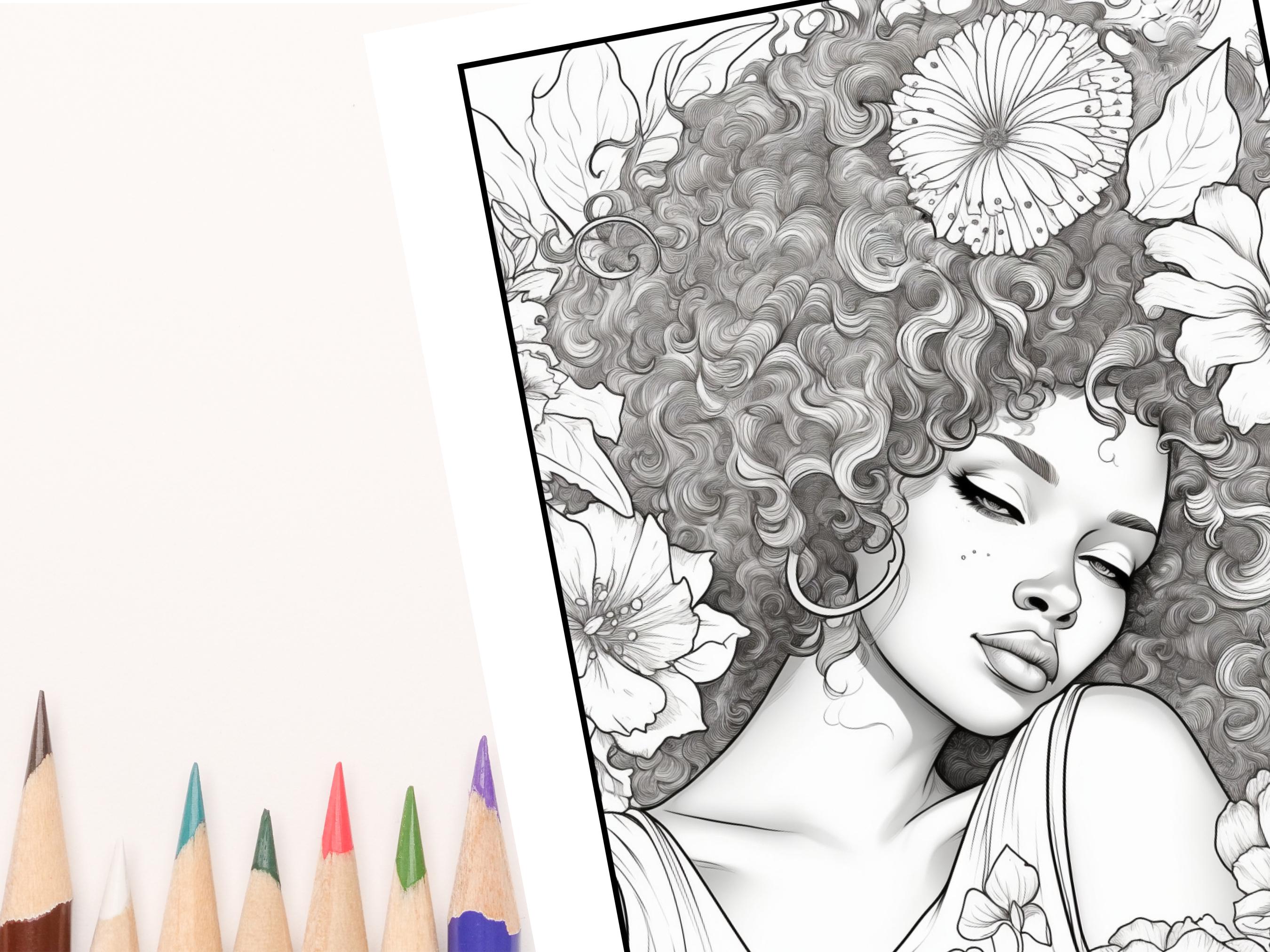 Black Woman Floral Adult Coloring Page, Beautiful Black Woman Fantasy ...