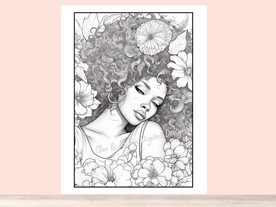 Black Woman Floral Adult Coloring Page, Beautiful Black Woman Fantasy ...