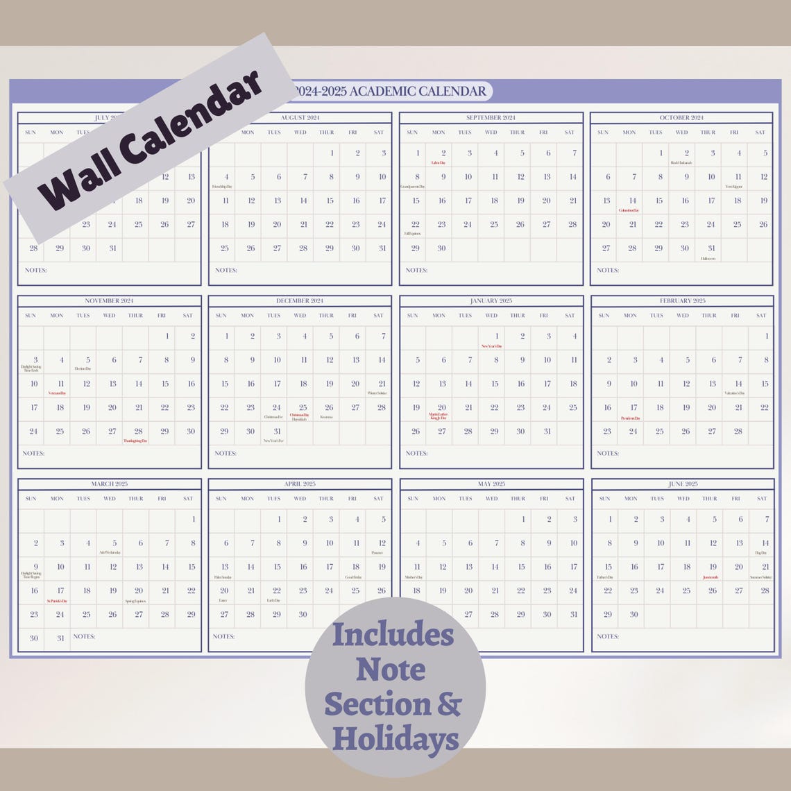 2024-2025 Academic Yearly Wall Calendar, Academic Year Planner, School ...