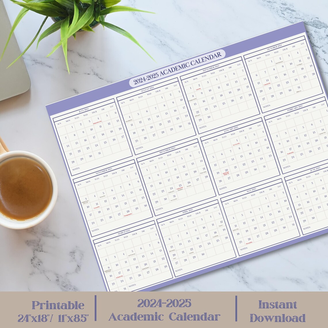 2024-2025 Academic Yearly Wall Calendar, Academic Year Planner, School ...