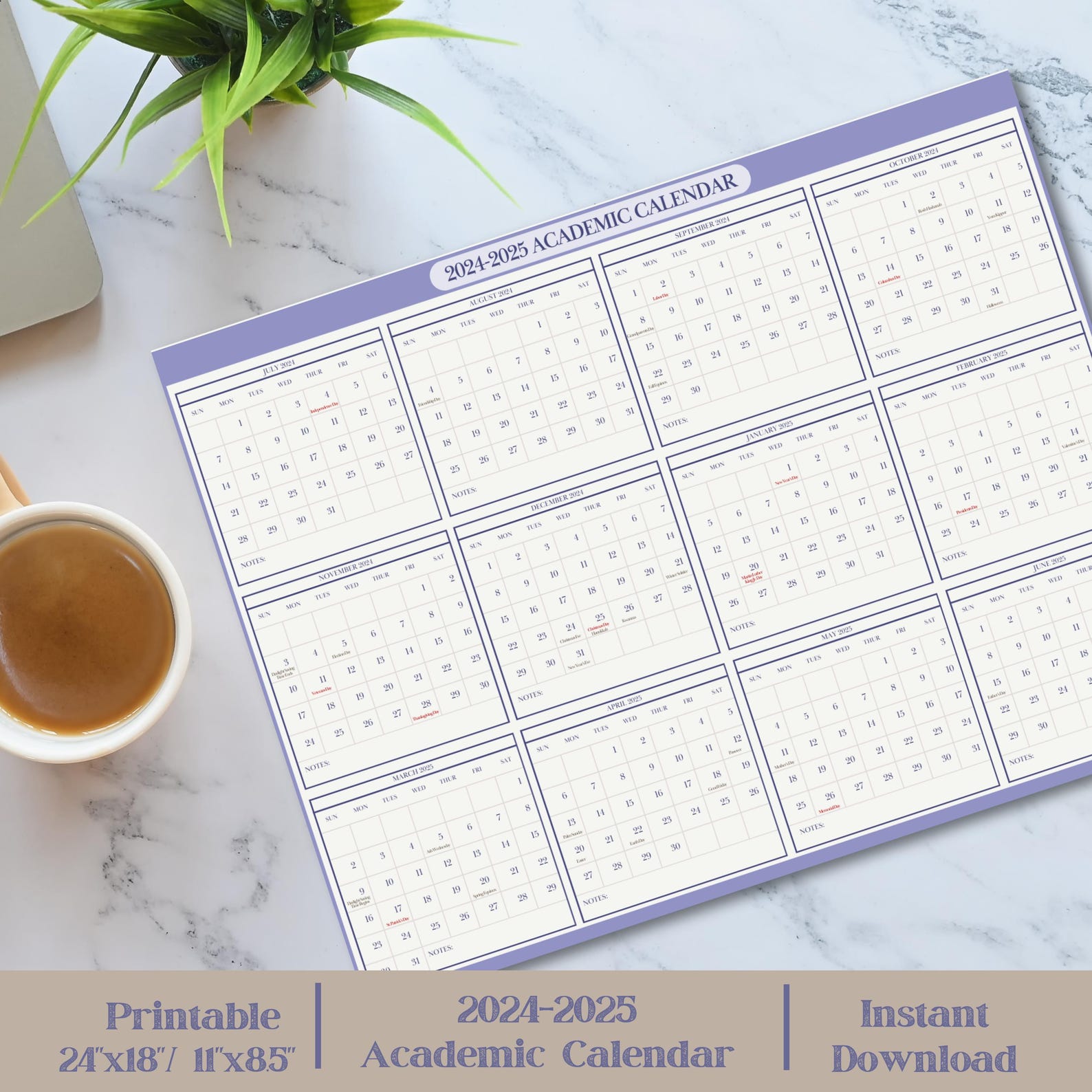 2024-2025 Academic Yearly Wall Calendar, Academic Year Planner, School ...