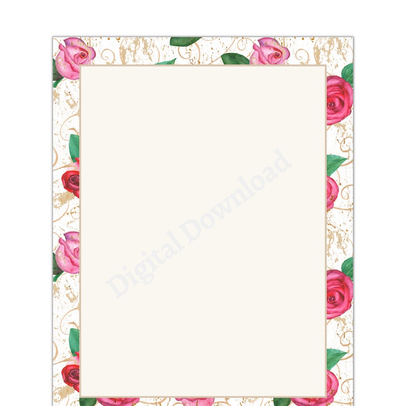 Watercolor Roses Border Paper, Roses Frame Paper, Letter Writing ...